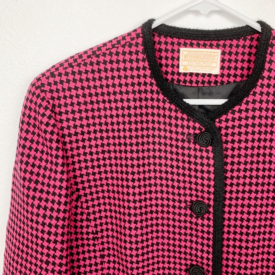 Vintage Pendleton Black Pink Houndstooth Blazer Jacket Size 12 Tall | eBay