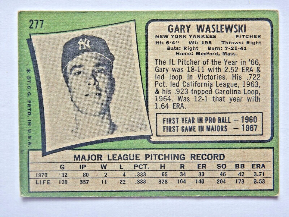 Gary Waslewski #277 Topps 1971 Baseball Card (New York Yankees) G | eBay