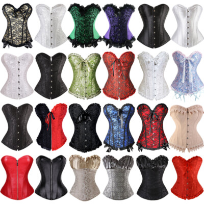 Women Overbust Burlesque Corset Basque Cincher Lace Up Steampunk ...