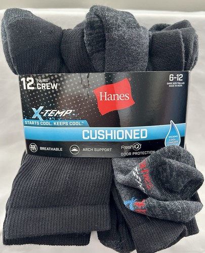 Hanes Men's Cushioned Crew 12- Pack Black Socks X-Temp Odor Control ...