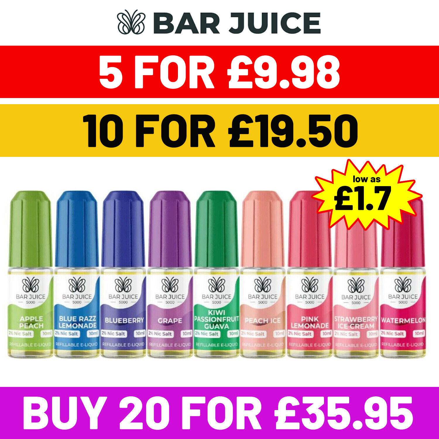Bar Juice 5000 Nic Salt 10ml E Liquid 10mg / 20mg Vape Juice 50/50 VG ...