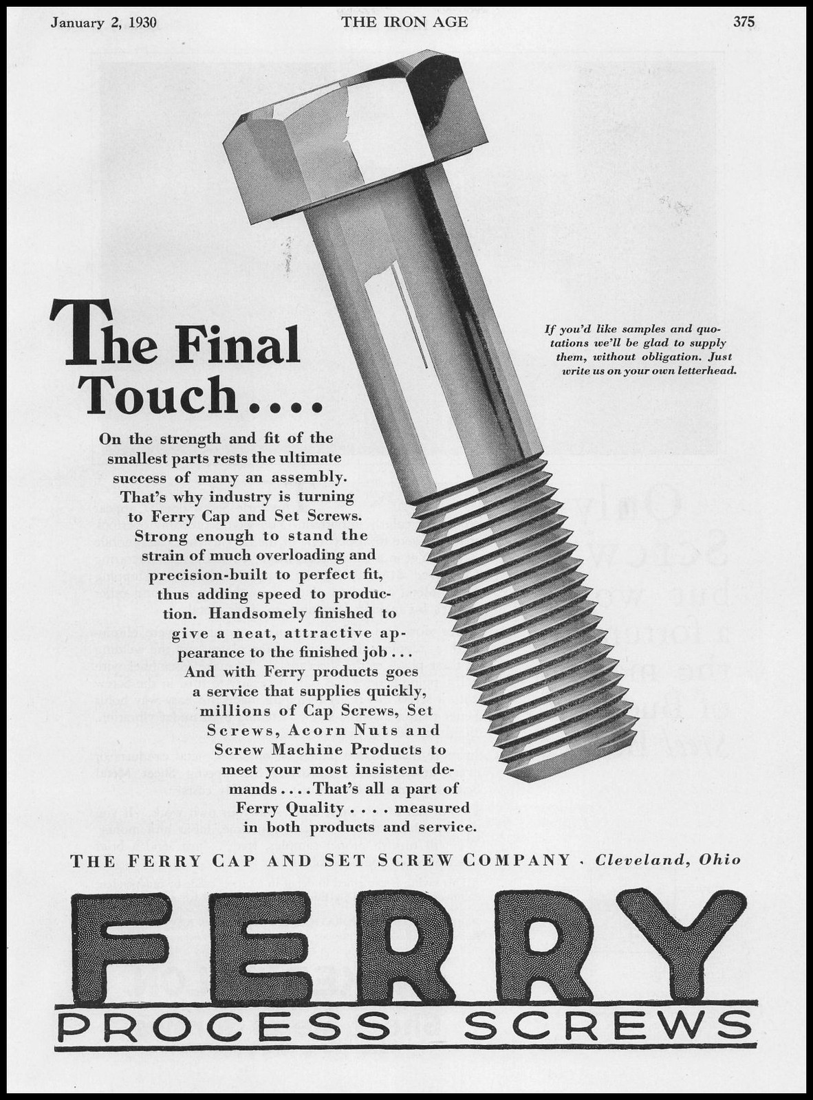 1930 Ferry Cap & Set Screw Co Cleveland Ohio Process Screws Final Touch ...
