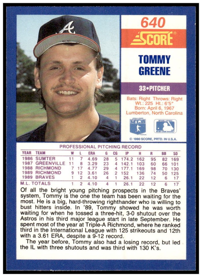 1990 Score #640 Tommy Greene NM | eBay