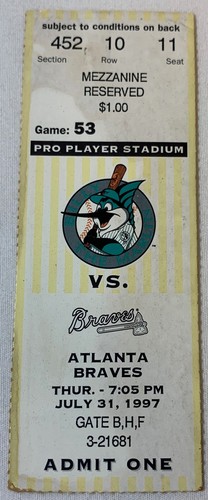July 31, 1997 baseball ticket FLORIDA MARLINS vs ATLANTA BRAVES | eBay