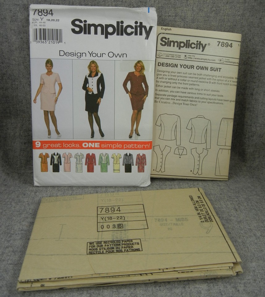 Simplicity 7894 Misses Miss Petite Business Suit Jacket Skirt 18-22 ...