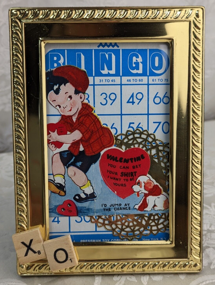 Handmade Framed Decor made with Vintage Valentine Card & Bingo Card ...