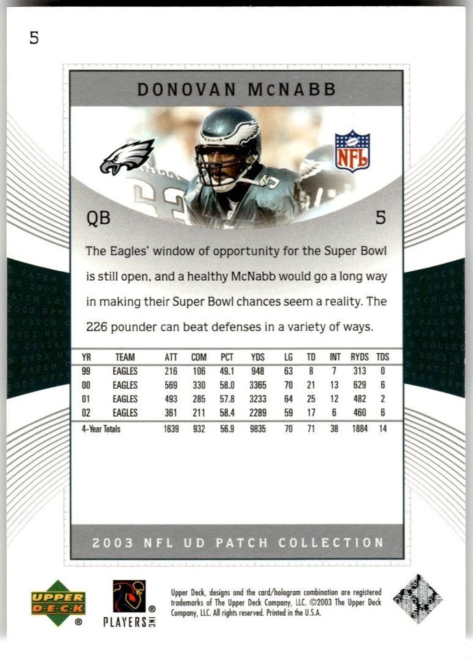 2003 UD Patch Collection #5 Donovan McNabb | eBay