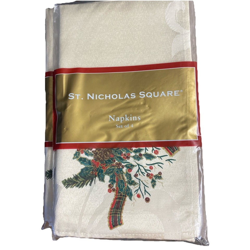 8 St Nicholas Square CHRISTMAS RIBBONS Cloth Napkins - Ivory/Pine Cone ...