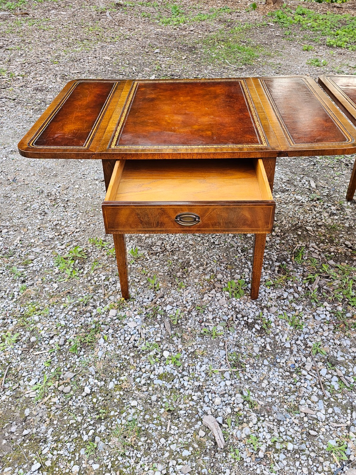 Antique Pembroke Double drop leaf leather top end table Pair by Weiman ...