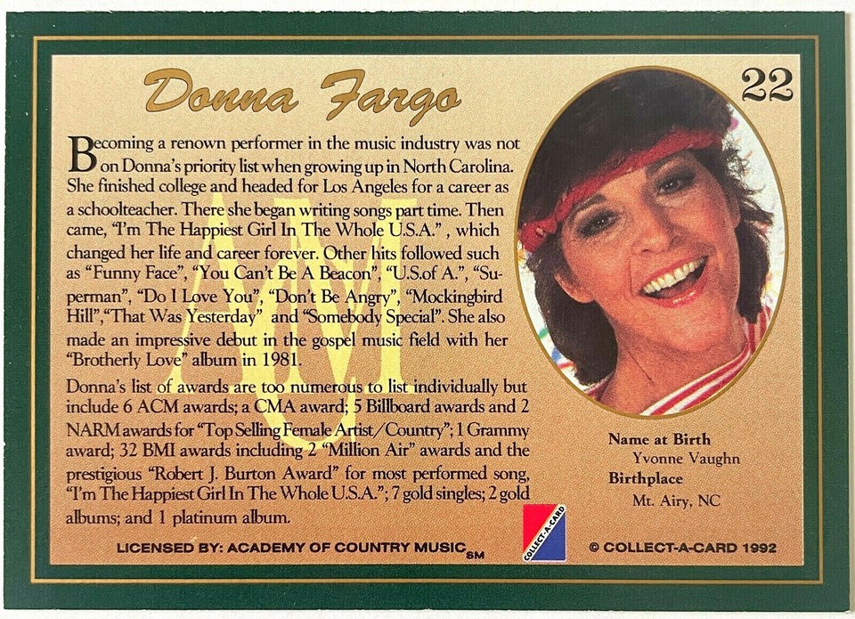 DONNA FARGO - Collect-A-Card 😍 "Country Classics" 🤩 Hot Trading Card ...