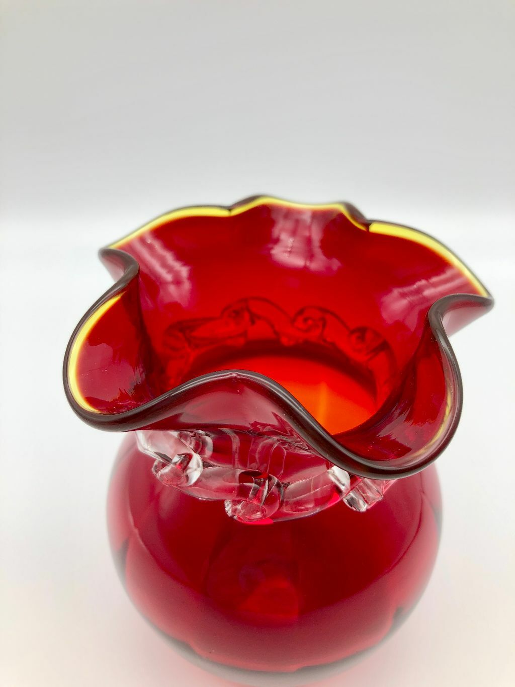 Viking Ruby Red Glass Vase with Applied Clear Band Ruffled Rim Amberina ...