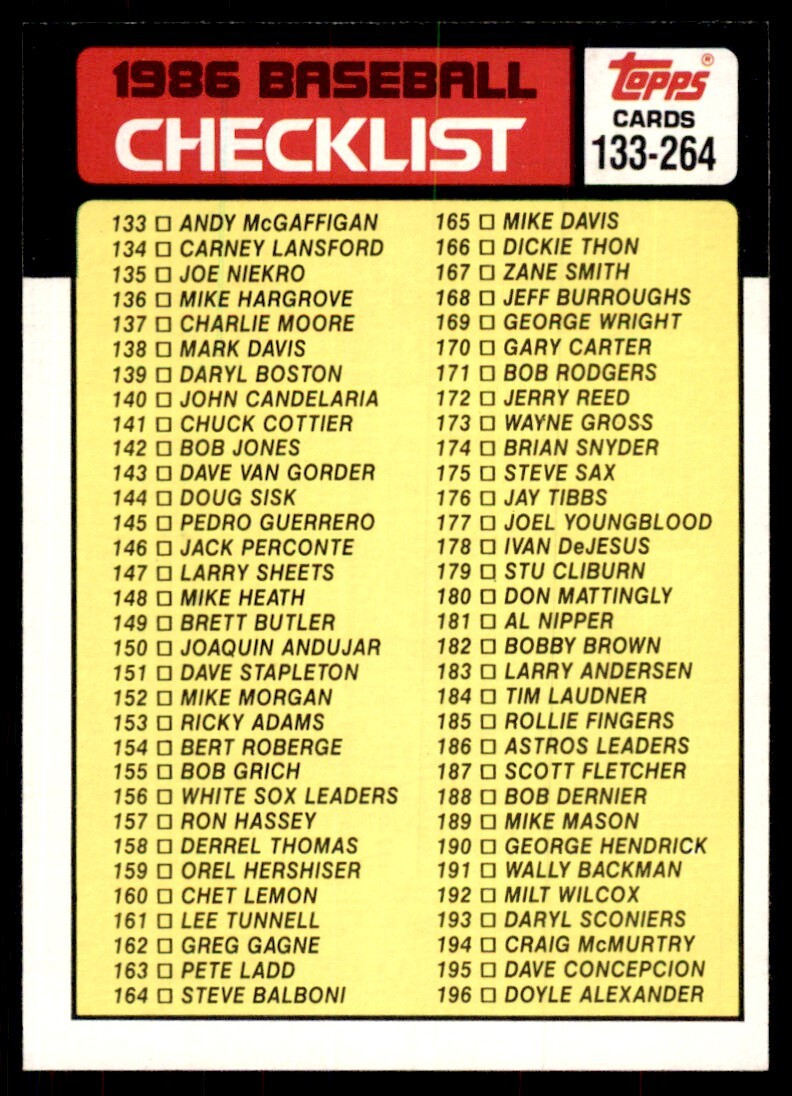 1986 Topps Baseball Card Checklist 133-264 B #263 | eBay