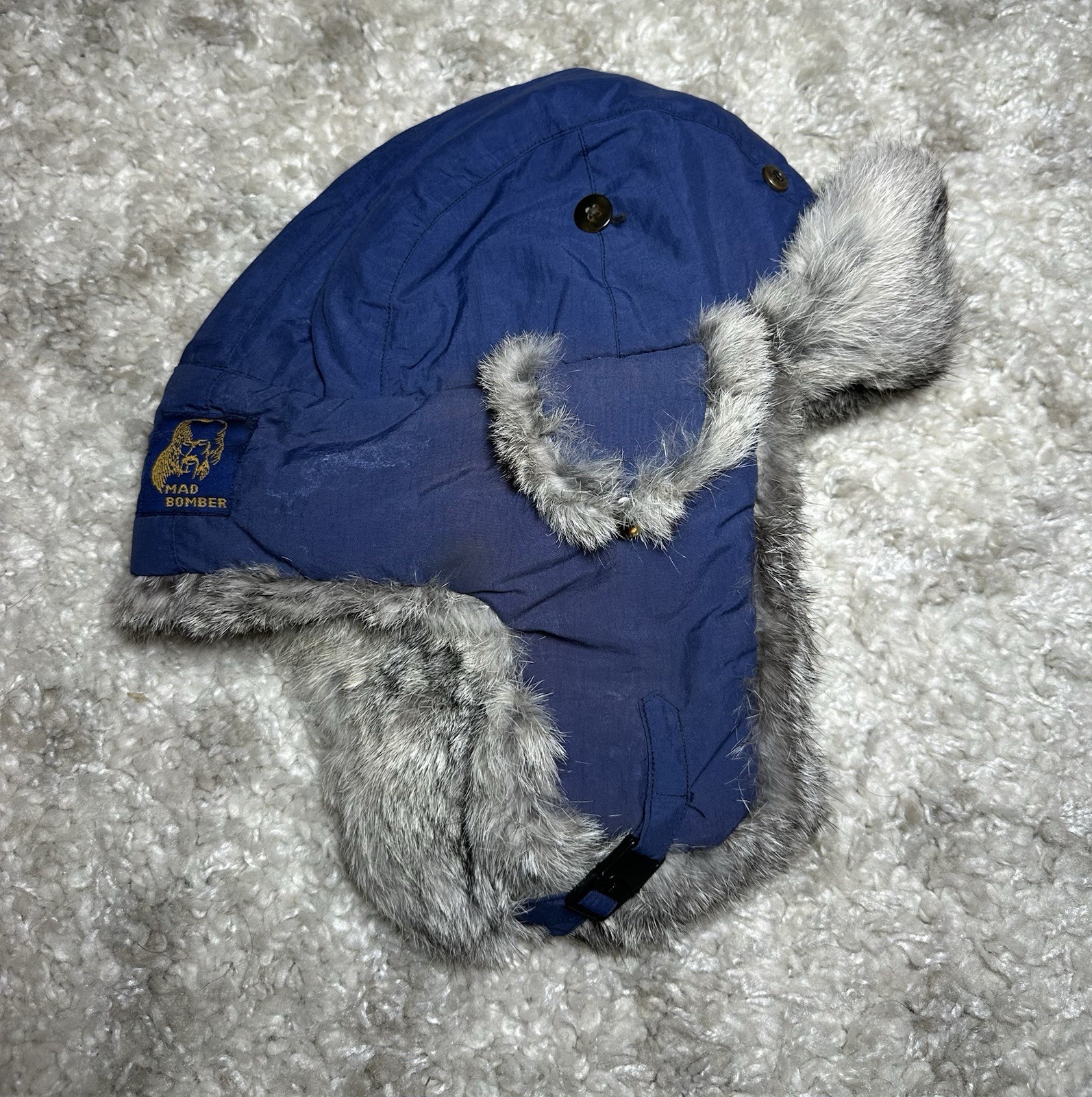 Mad Bomber Rabbit Fur Trapper Hat W/ Ear Flaps Size Medium-Blue | eBay