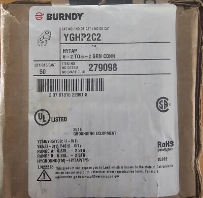 50 Burndy YGHP2C2 Cu Compression Ground Tap Connector #6 Sol- #2 Str ...