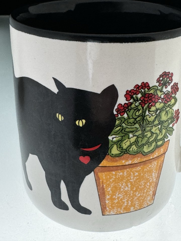 Vintage BLACK CAT MUG w/ TIPPED OVER FLOWER POT Coffee Tea Ceramic by ...