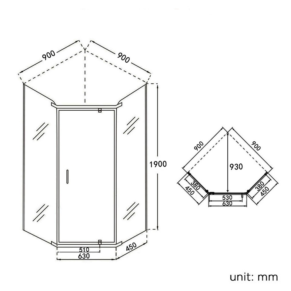 900x900 Frameless Pentagonal Shower Enclosure Pivot Door Corner Walk In ...