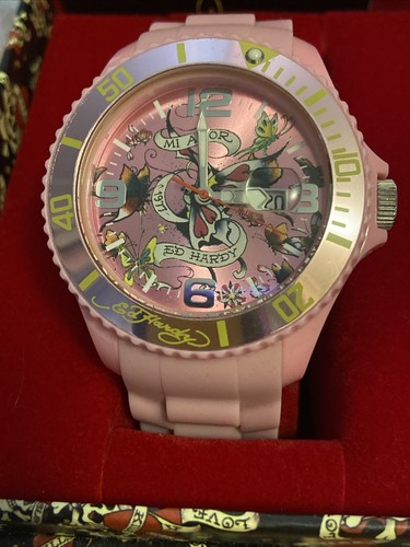 VTG Ed Hardy Ladies Watch Pink Sports Band Japan Movt Water Resistant W ...