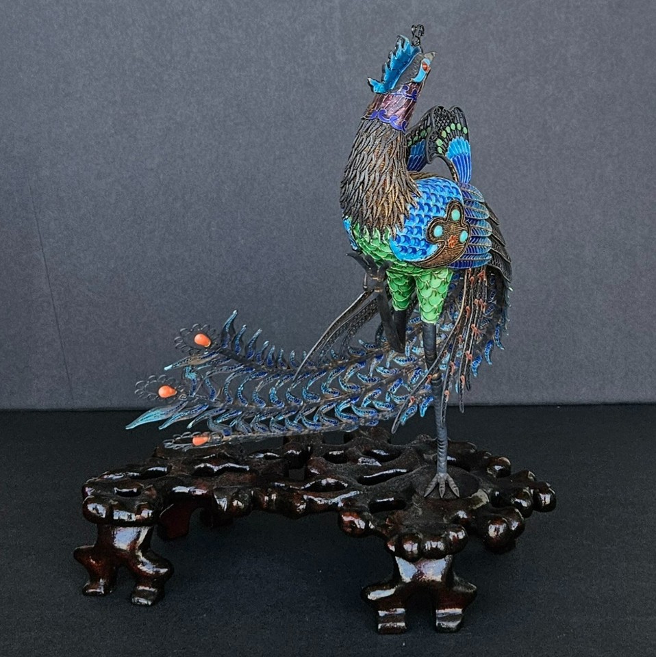 Vintage Large Chinese Export 925 Silver & Cloisonne Fenghuang Phoenix ...