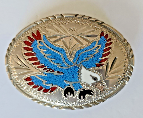 Vintage Turquoise & Coral Inlay Southwestern Flying Eagle Belt Buckle ...
