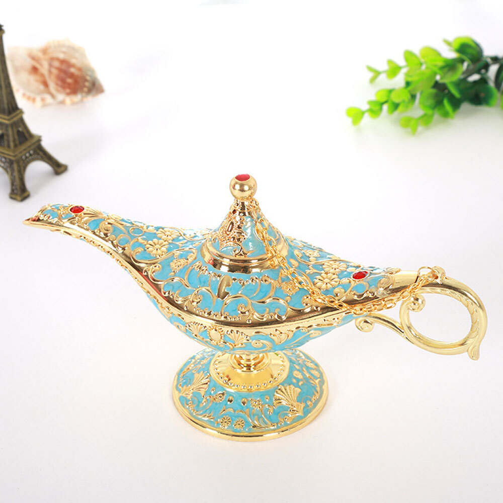 Large Lake Blue Vintage Aladdin Magic Genie Lamp - Metal Carved Wishing ...