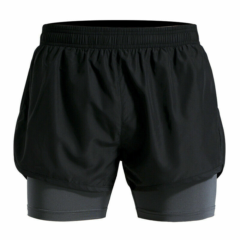 Men Double Layer Sport Shorts Quick Dry Fitness Training Running Half ...