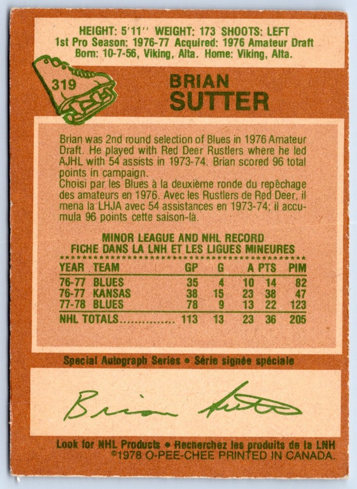 BRIAN SUTTER RC 1978-79 O-PEE-CHEE 78-79 NO 319 VGEX+ 31704 | eBay