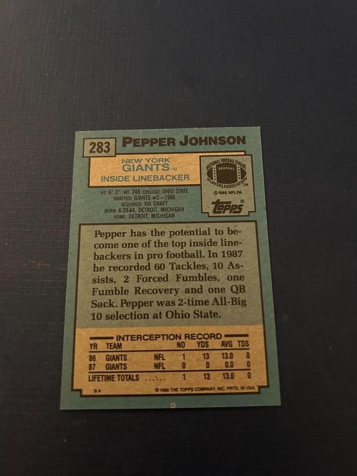 1988 Topps Football Pepper Johnson #283 Set Break NM | eBay