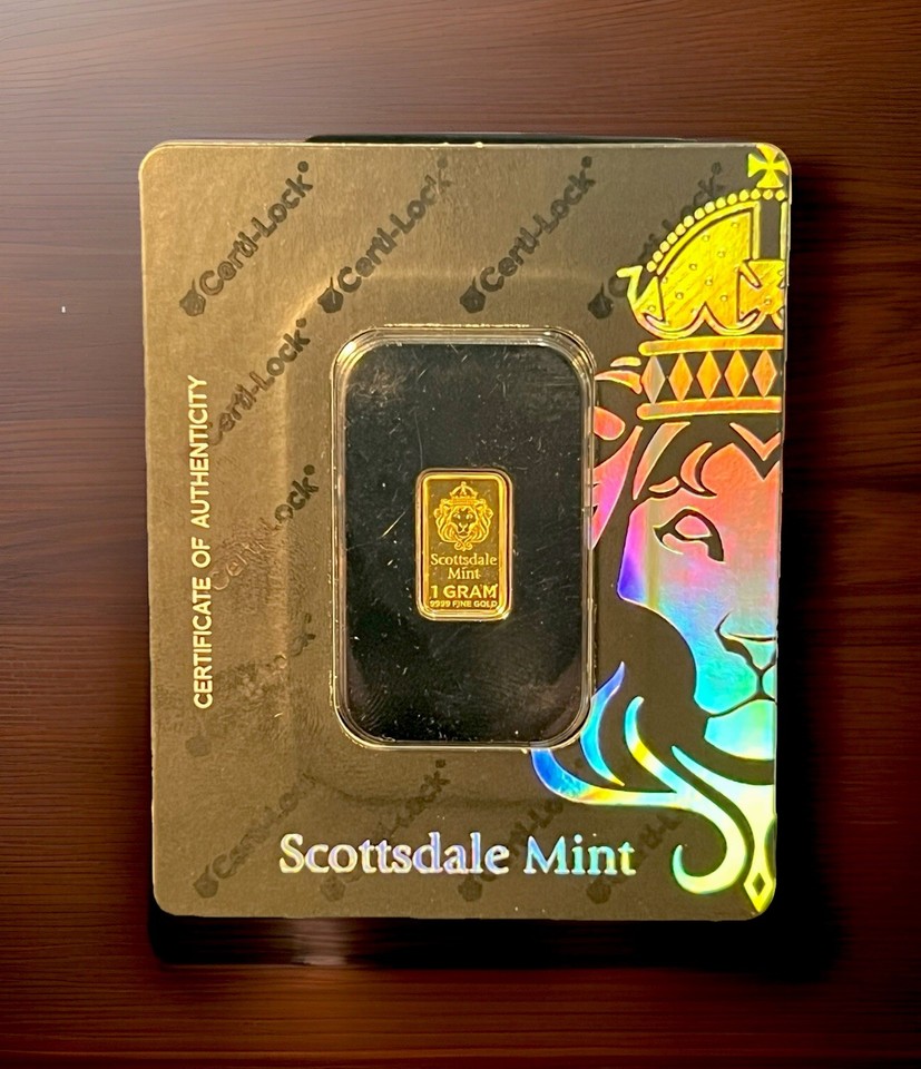 1 gram Scottsdale Mint .9999 Gold LION Prepper Bar Sealed in Certi-Lock ...