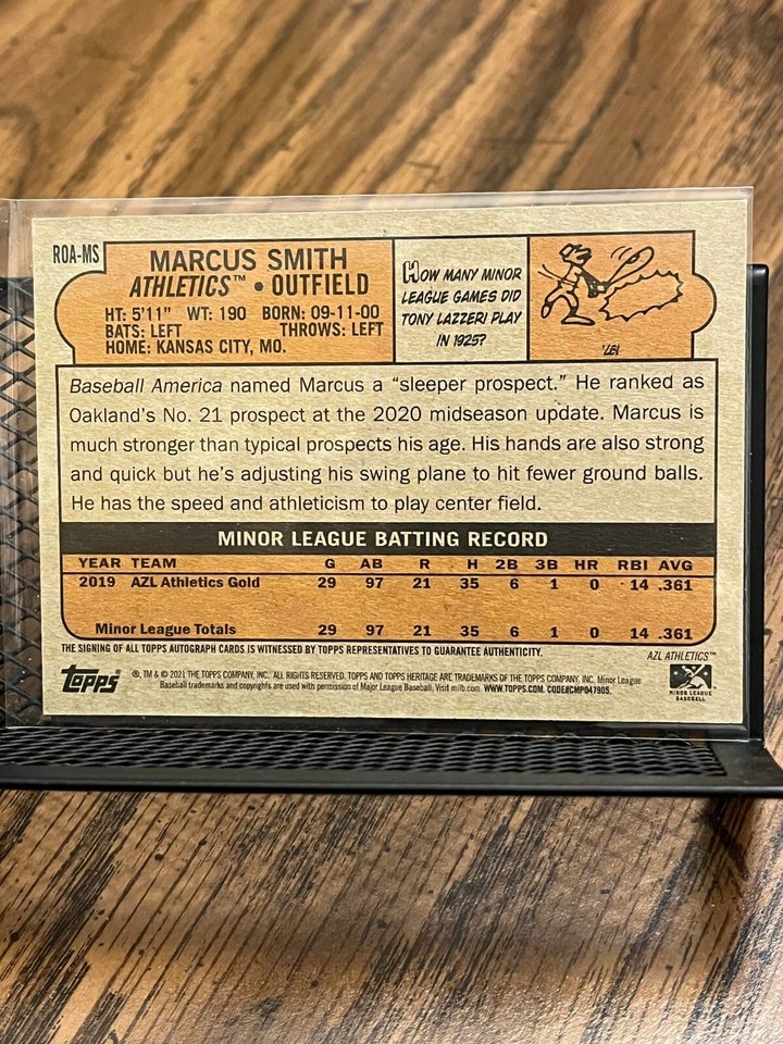 MARCUS SMITH 2021 TOPPS HERITAGE MINOR LEAGUE REAL ONE AUTO ROOKIE ...