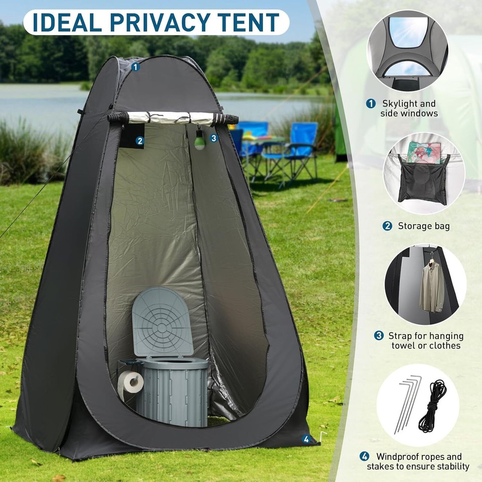 Portable Toilet with Tent Privacy Pop Up Tent with LED Lights Camp ...