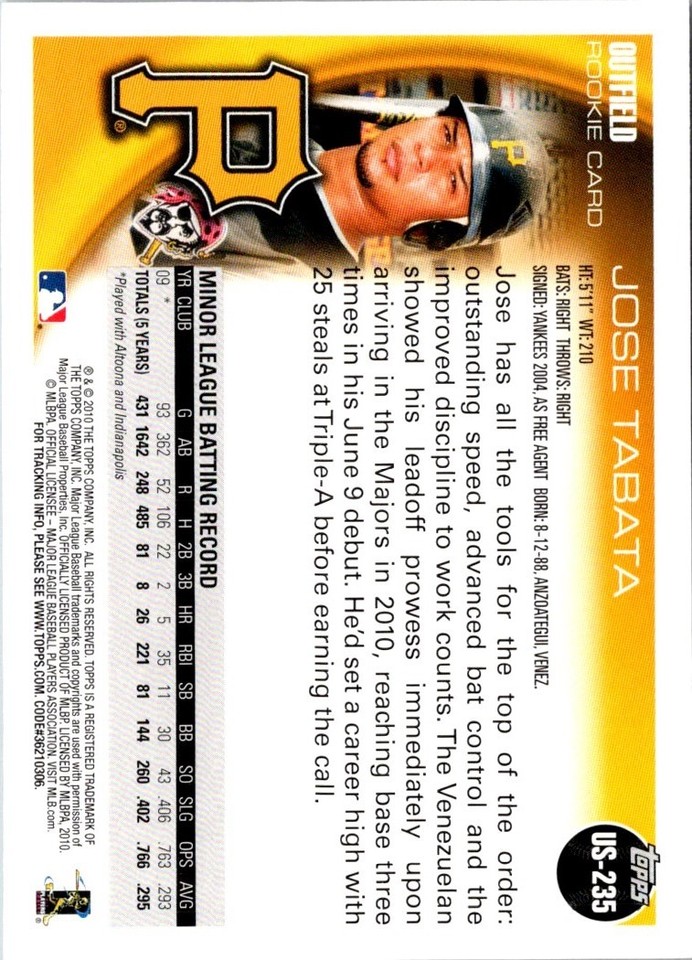 2010 Topps Update Jose Tabata #US-235 Pittsburgh Pirates Baseball Card ...