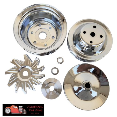 Small Block Chevy Chrome 4 Pulley Set SBC 2 groove LONG pump 283 305 ...
