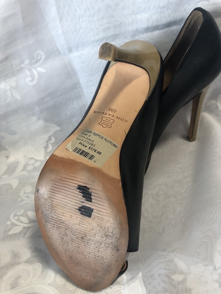 Ann Taylor Perfect Peep Toe Black High Heel Open Toe Leather Women's ...
