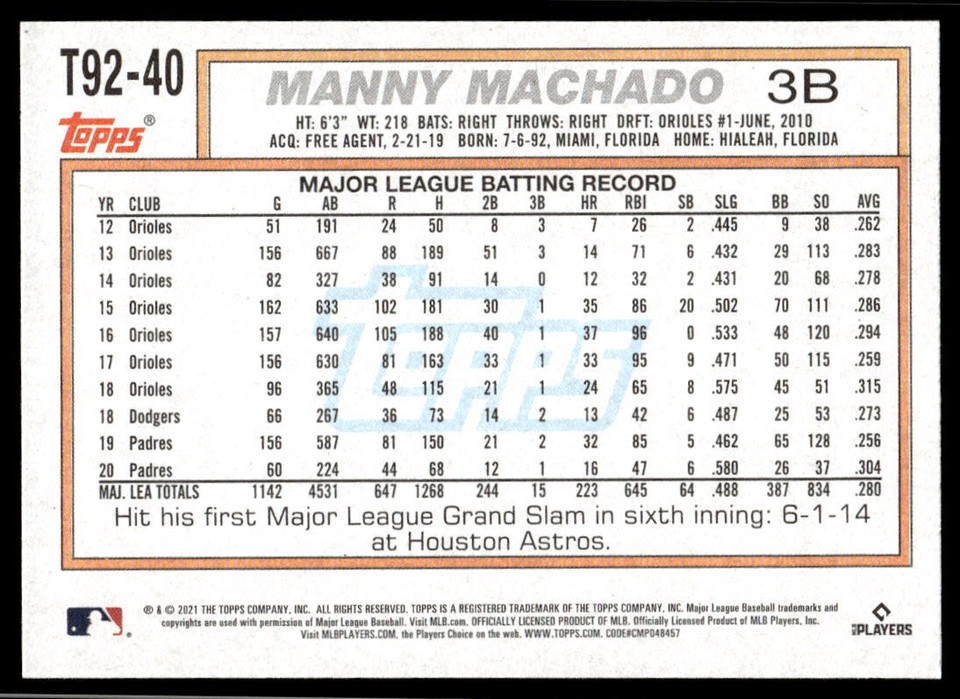 2021 Topps Update T92-40 Manny Machado San Diego Padres Baseball Card ...