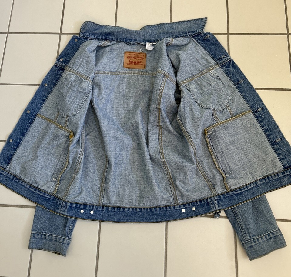 Levi Strauss Denim Trucker Biker Jacket Distressed Red Tag VINTAGE. L ...