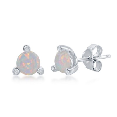 Sterling Silver Three-Prong CZ & Round White Opal Stud Earrings | eBay