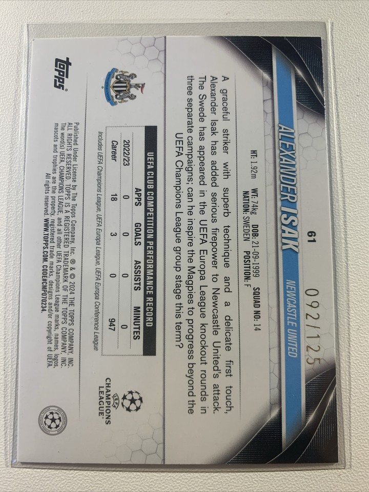 Alexander Isak 092/125 Football Card Newcastle United | eBay