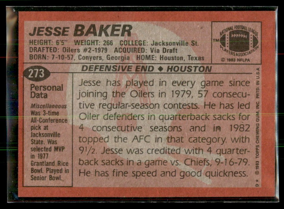 1983 Topps Jesse Baker #273 Houston Oilers | eBay