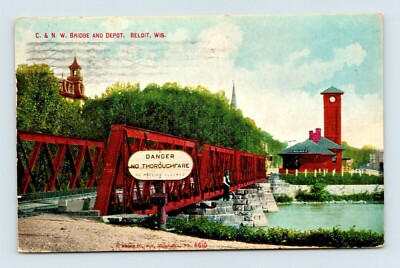 BELOIT WI VIEW OF THE C. & N.W. RAILROAD BRIDGE AN TRAIN STATION ...