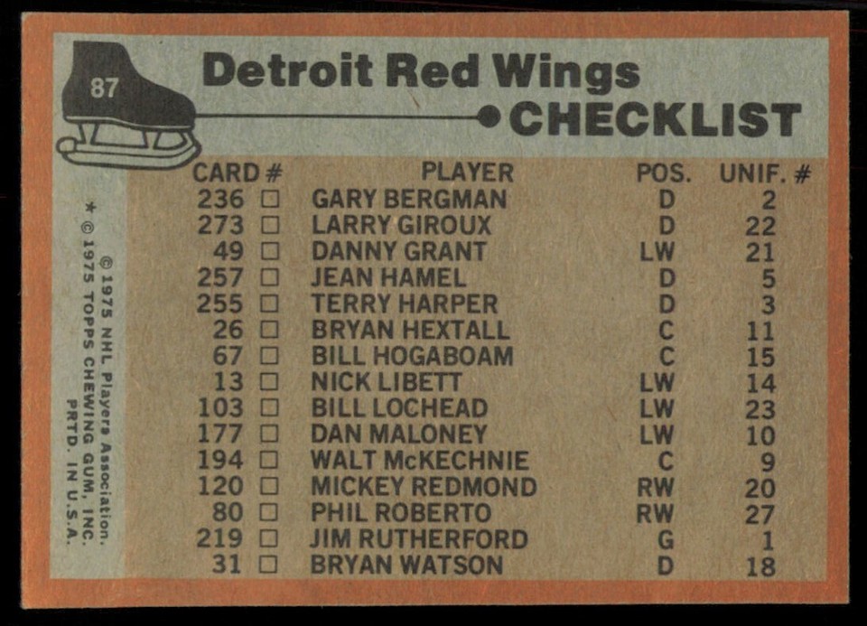 1975-76 TOPPS DETROIT RED WINGS #87 EX-EXMT | eBay