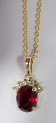 Simulated Ruby Gold Tone Necklace Faux Diamond Accents Oval Pendant 18 ...