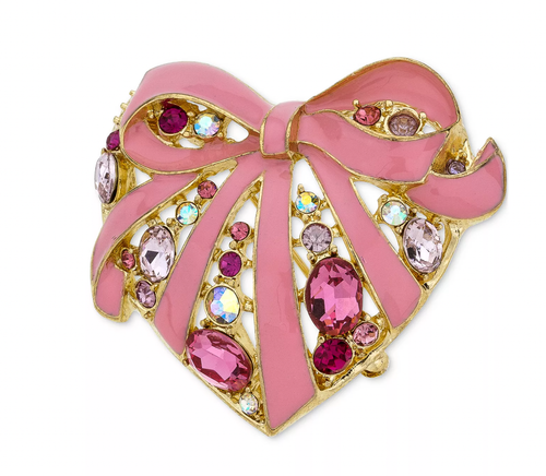 NWT HOLIDAY LANE CHARTER CLUB GOLD-TONE PAVE CRYSTAL PINK HEART & BOW ...