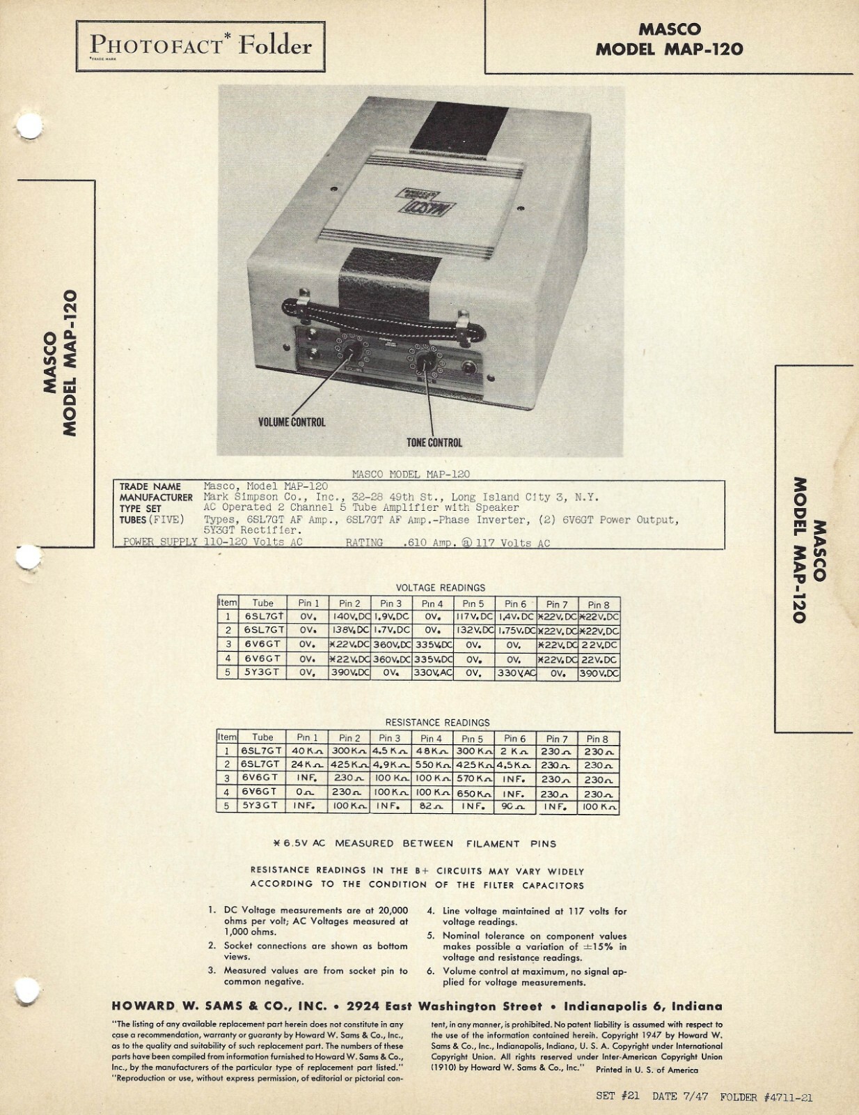 Sams Photofact Folder Radio Parts Manual Schematic MASCO Model MAP-120 ...