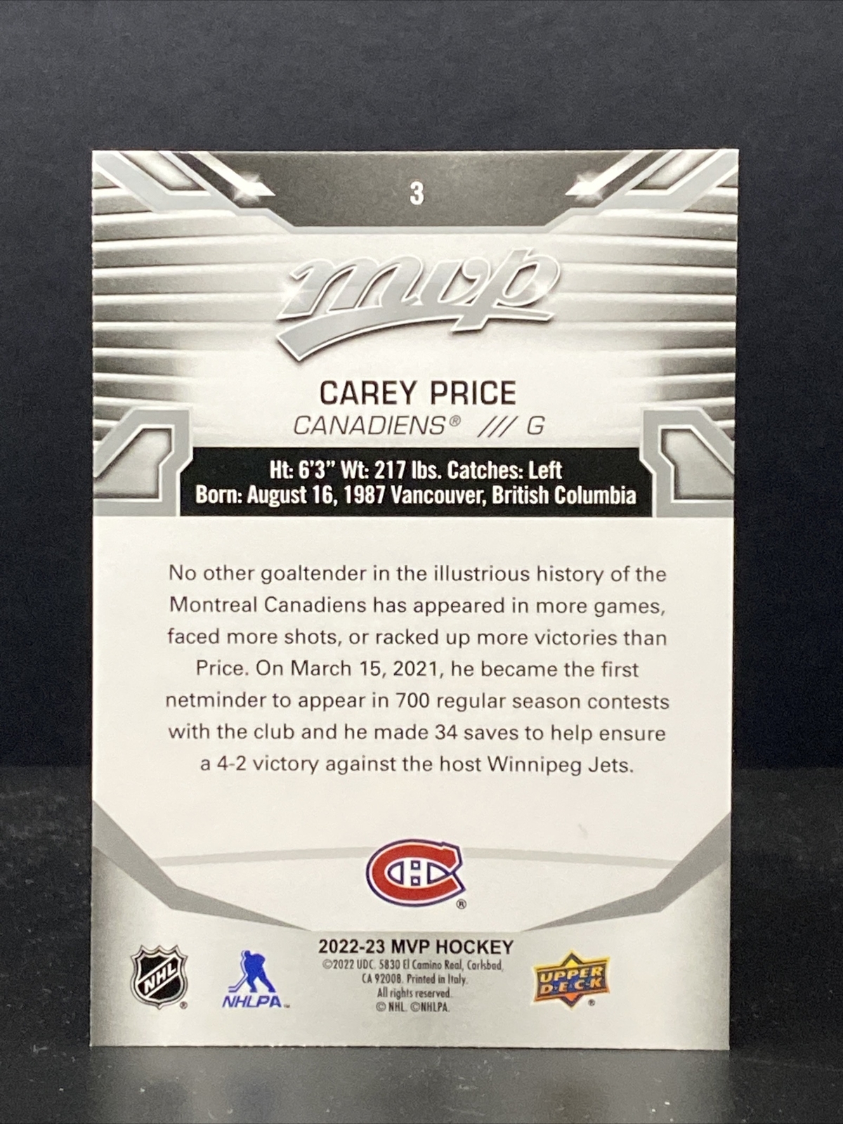 2022-23 Upper Deck MVP - Carey Price #3 Silver Script for sale online | eBay