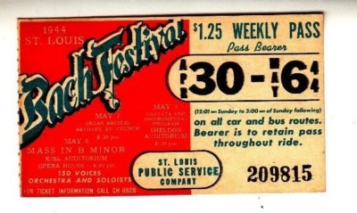 Rare 1944 St. Louis Bus Pass Public Service Co. w/Bach Festival ...