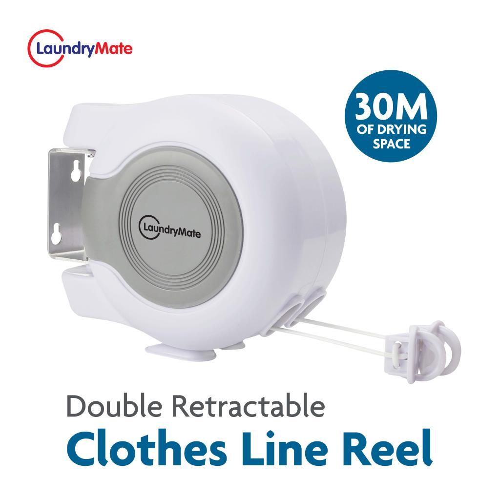 30m Retractable Clothes Reel Double Washing Line Wall Mounted Outdoor ...