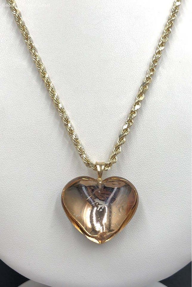 14Kt Gold Rope Chain Necklace 18K Gold Bail Heart Glass Pendant | eBay