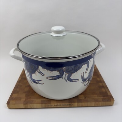 Pottery Barn Golden Rabbit Blue Crab Enamel Stock Pot White Blue ...