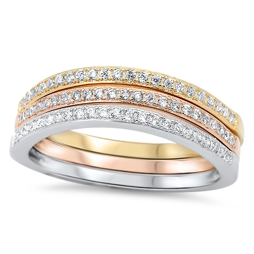 .925 Sterling Silver 2MM TRI-COLOR STACKABLE HALF ETERNITY CZ RINGS ...