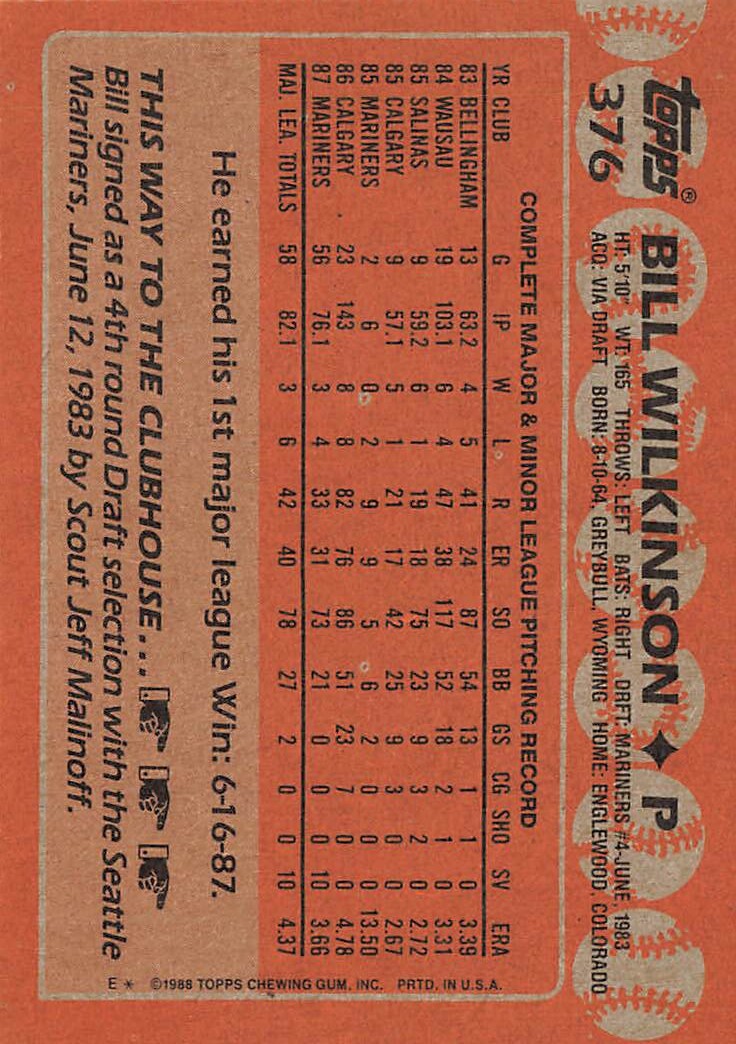 1988 Topps #376 Bill Wilkinson Seattle Mariners | eBay